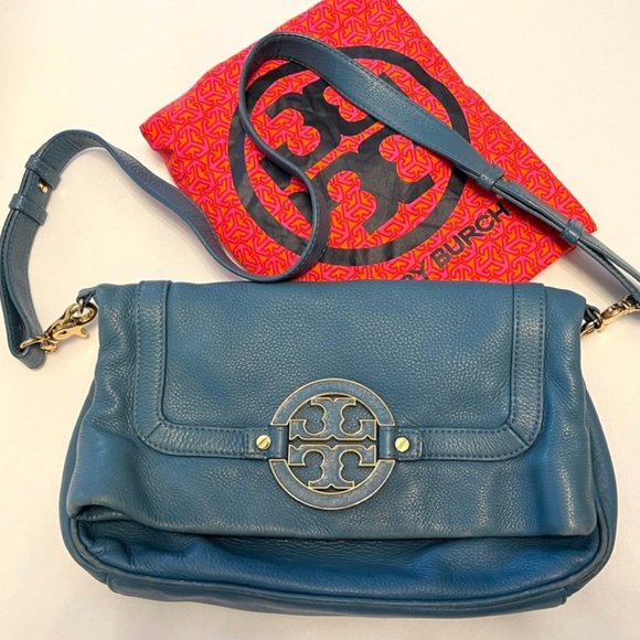 Tory Burch | Bags | Tory Burch Blue Leather Logo Amanda Foldover ...